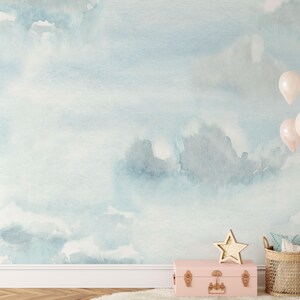 Watercolor Cloud Wallpaper | Blue Sky Mural | Hand-painted Cloud Wall ...