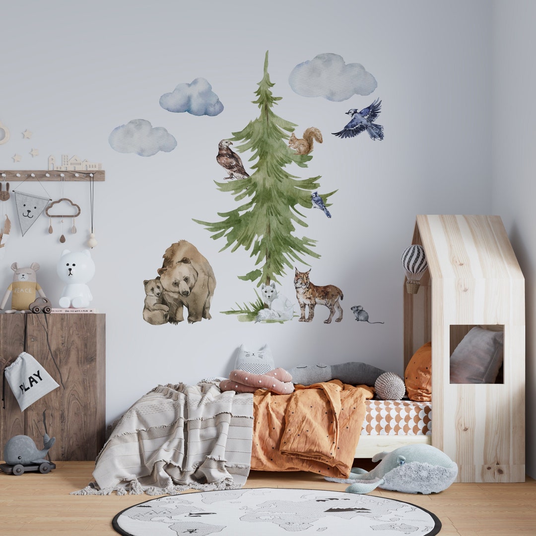 Forest Decal, Bear Wall Decal, Nursery Woodland Forest Trees Wall ...