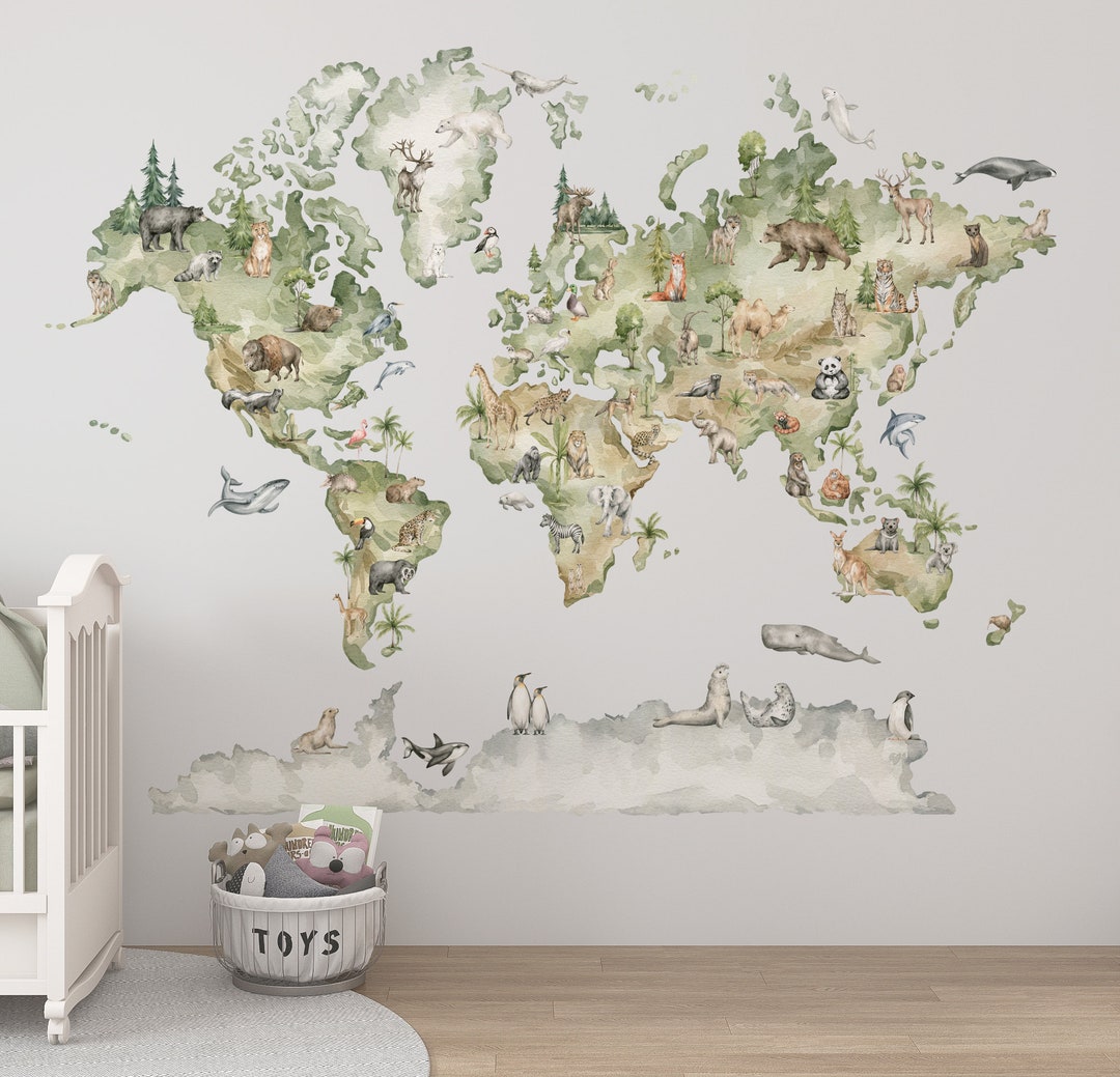 WORLD MAP Wall Decal for Kids, World Map Wall Decal, Wall Decal Animals ...