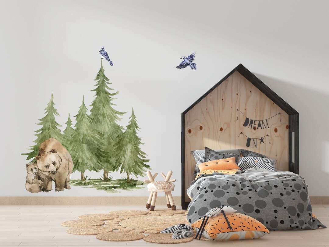 Woodland Wall Decals, Bear Family Wall Decals, Pine Tree Decals, Bird Decals, Kids Wall Stickers ...