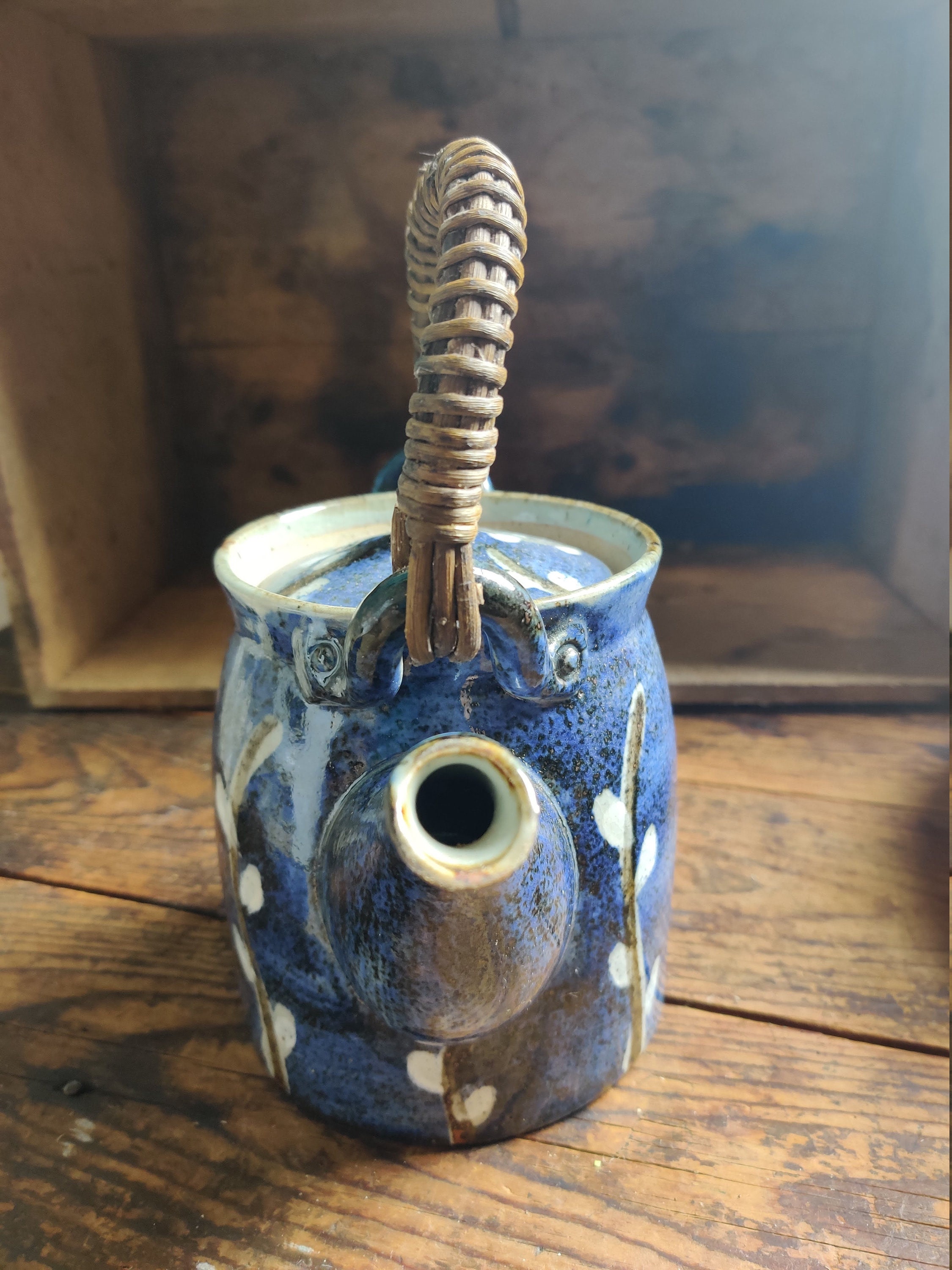 Home & Living Vintage Hand Painted Cobalt Blue Teapot Wicker Handle ...