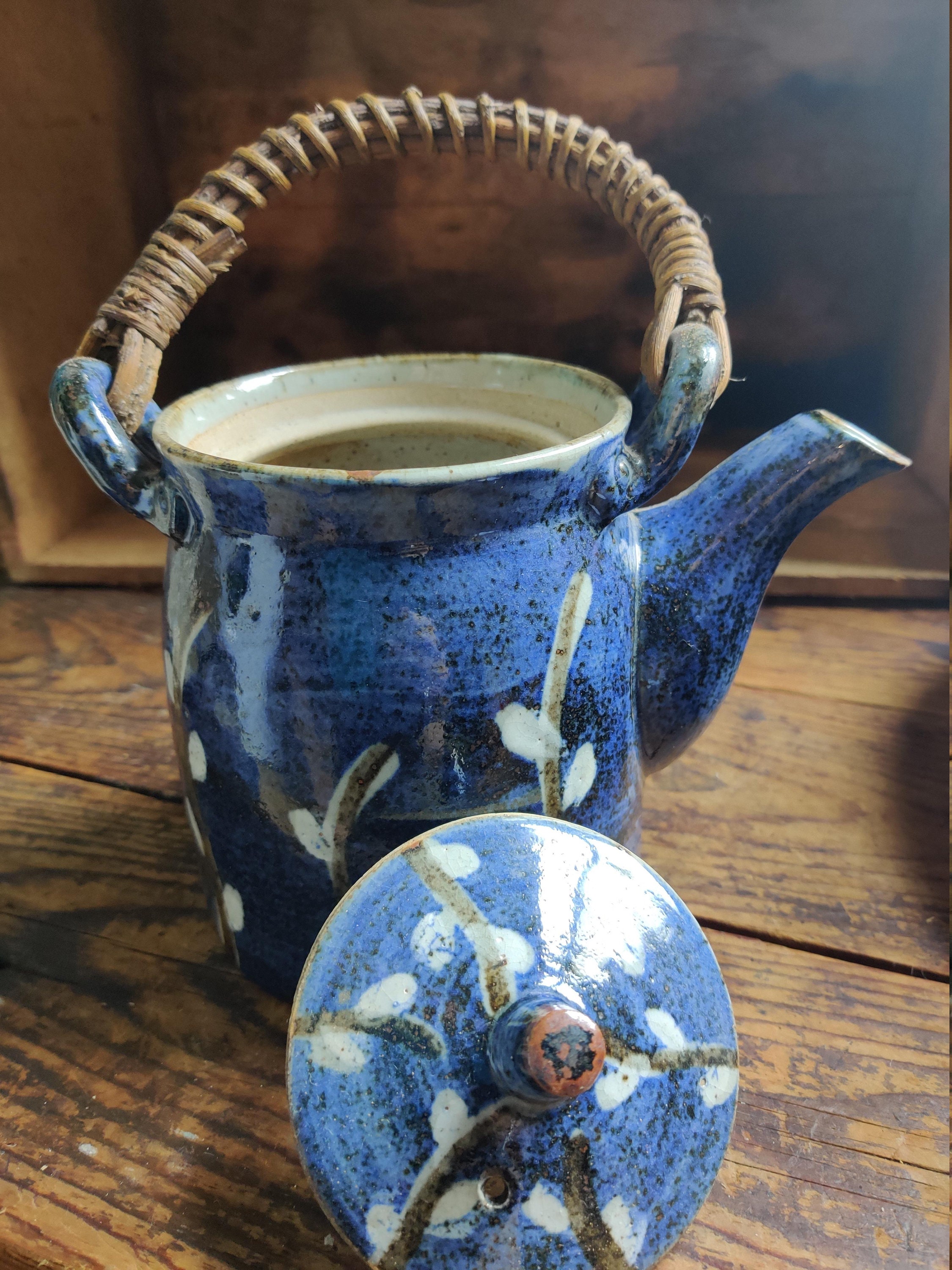 Home & Living Vintage Hand Painted Cobalt Blue Teapot Wicker Handle ...
