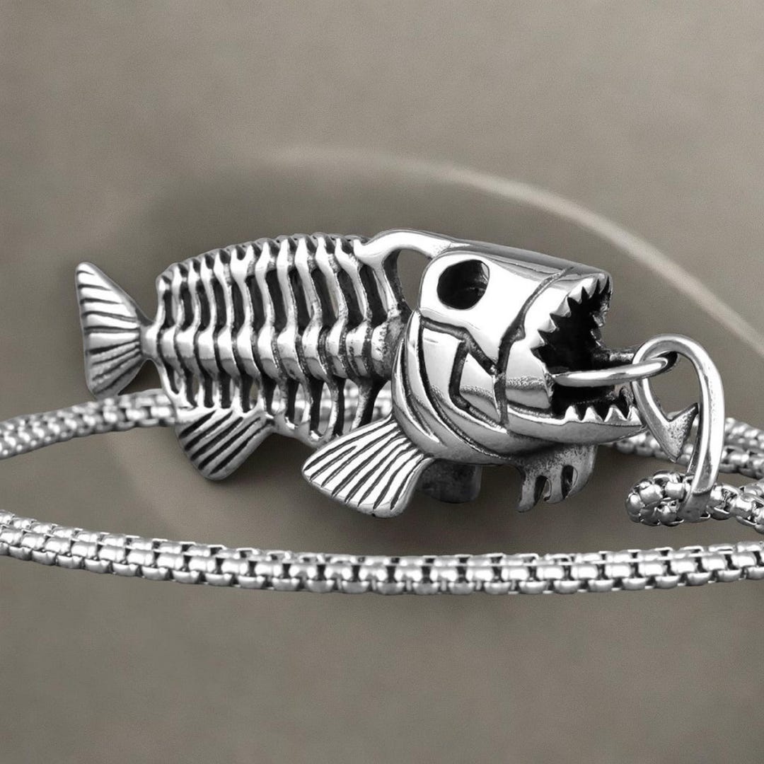 Classic Fish Bone Skeleton Pendant - Punk Piranha Fish Skull Necklace ...