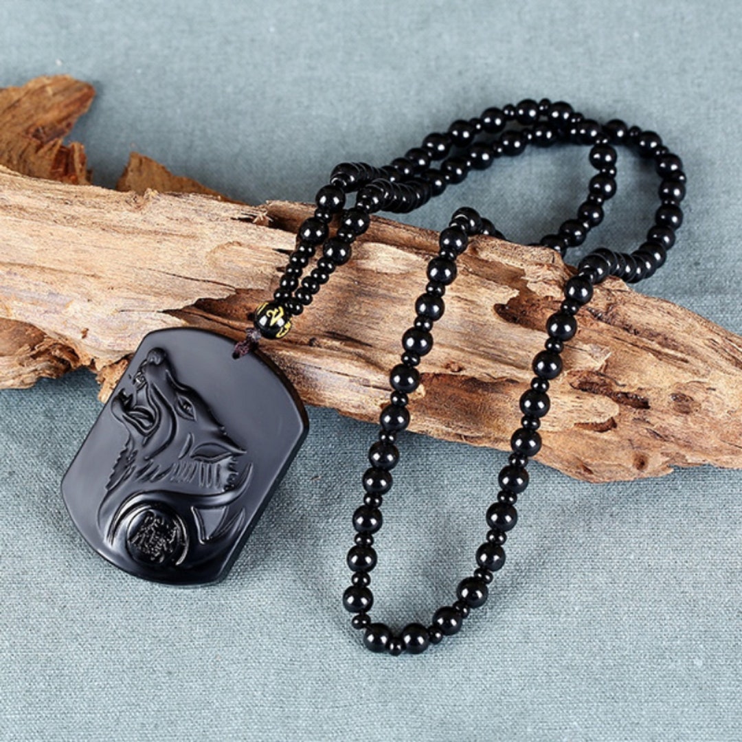 Natural Obsidian Wolf Head Necklace Hand Carved Obsidian Pendant Amulet ...