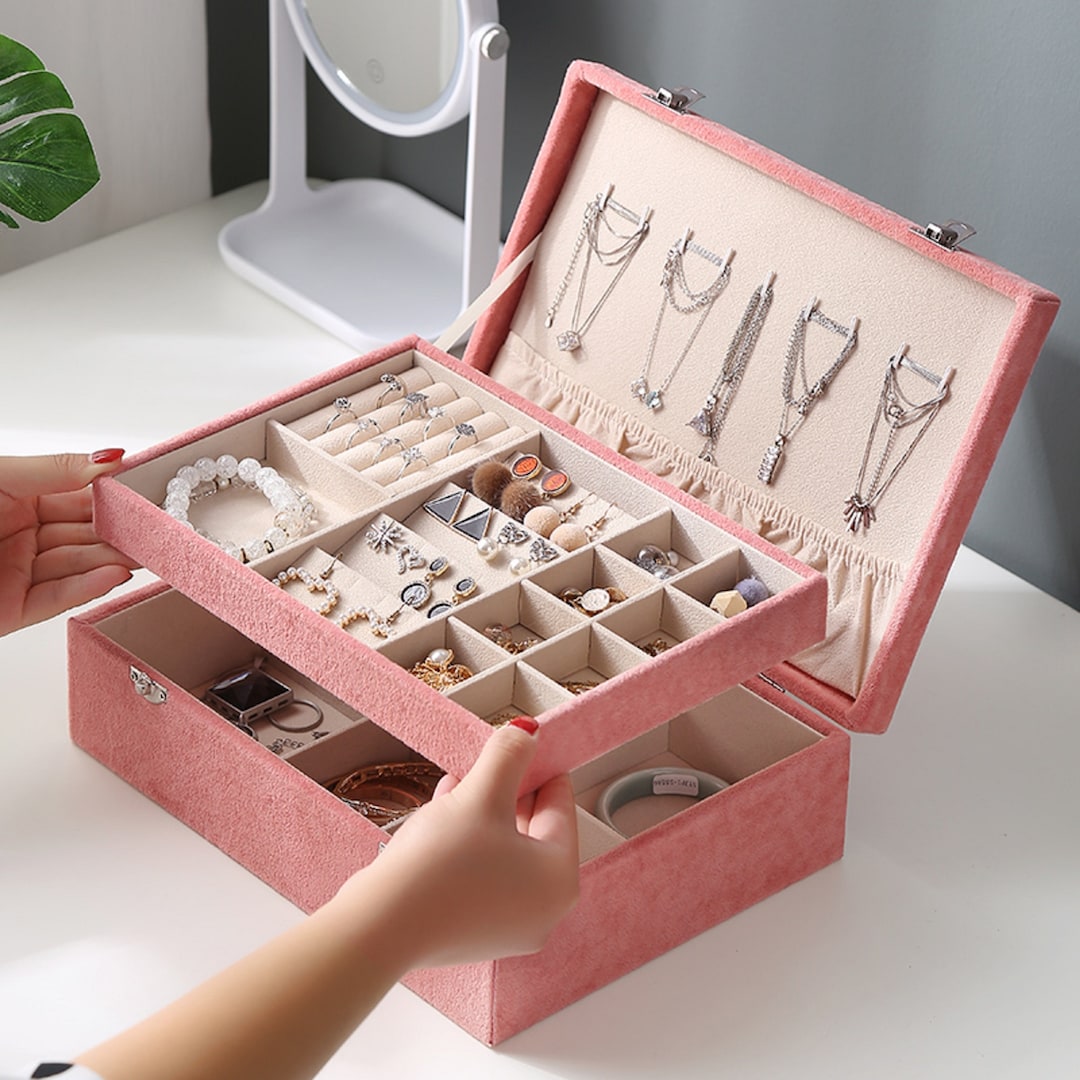 Double Layer Velvet Jewelry Box Large Capacity Jewelry Carrying Case ...