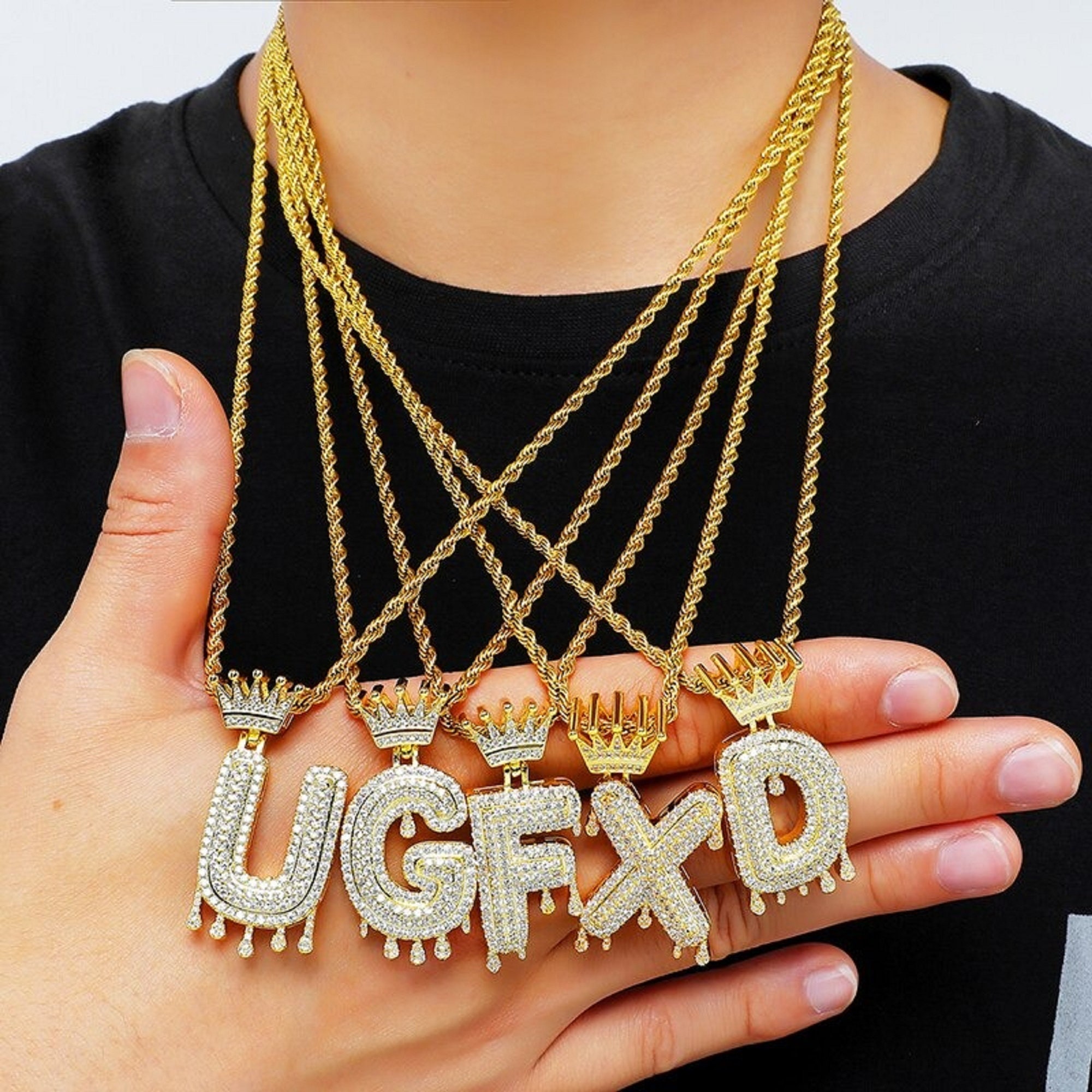Drip Initial Bling Crown Necklace Pendant Custom Hip Hop - Etsy