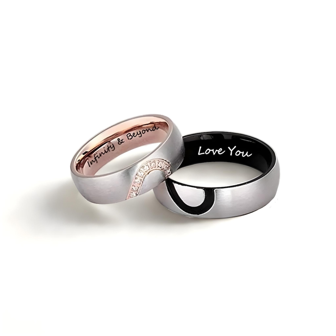 Personalized Heart Couple Rings Set: Custom Engraved CZ Promise Rings ...