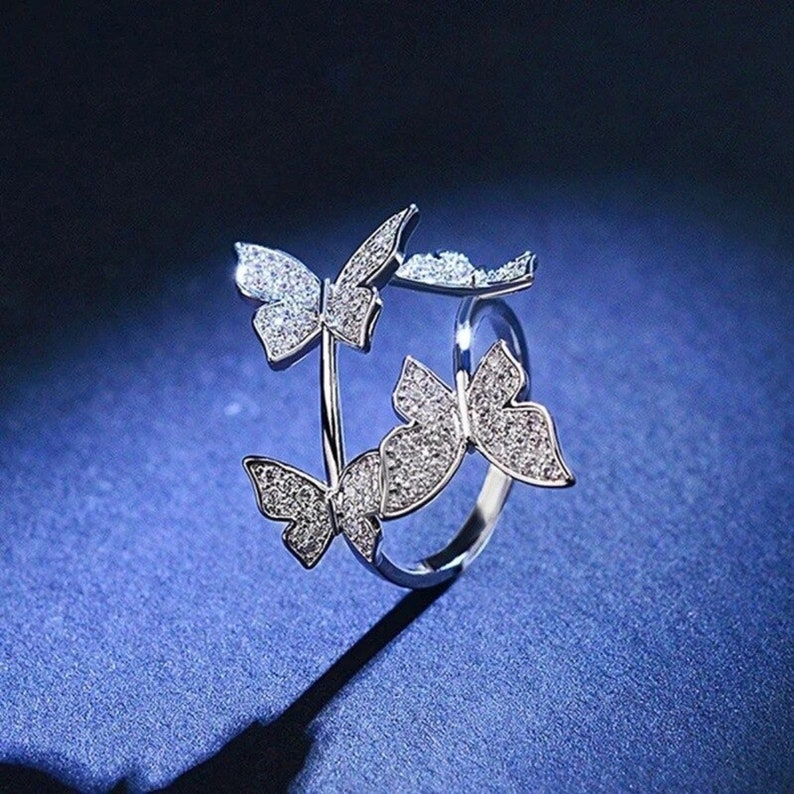 Luxury Butterfly Adjustable Ring Silver Crystal Butterflies | Etsy