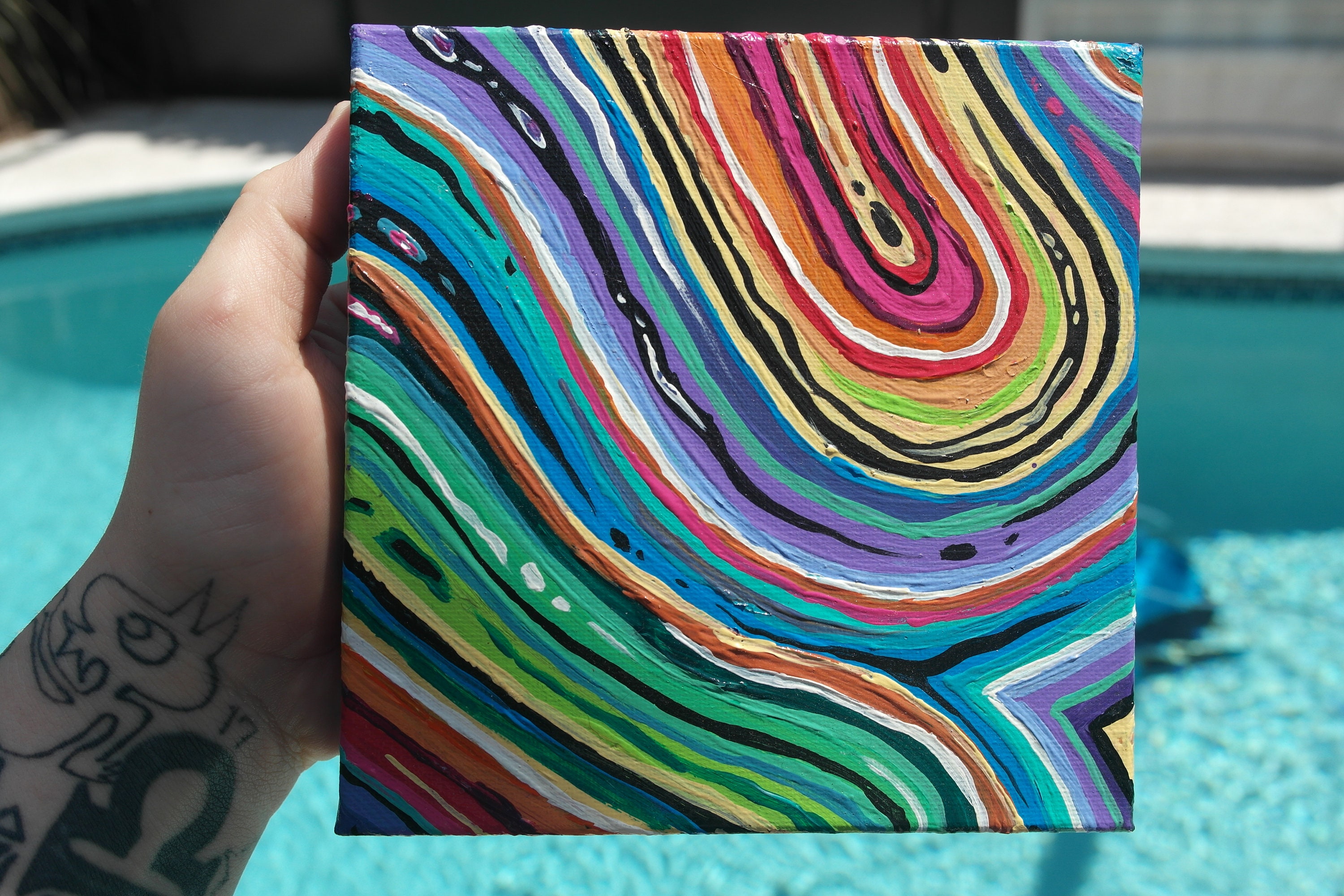 Rainbow Abstract Linework Acrylic Painting 6 X 6 in Square - Etsy