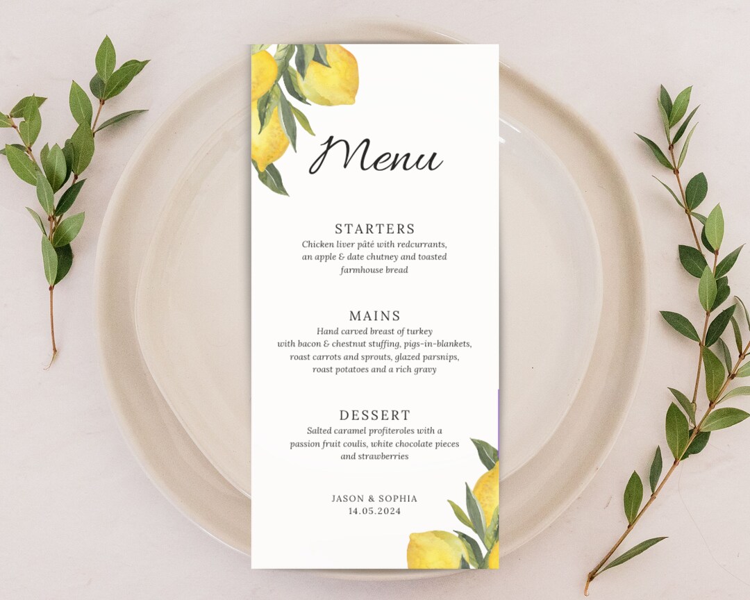 Watercolour Lemon Wedding Menu Cards | Personalised Italian Amalfi Menu ...