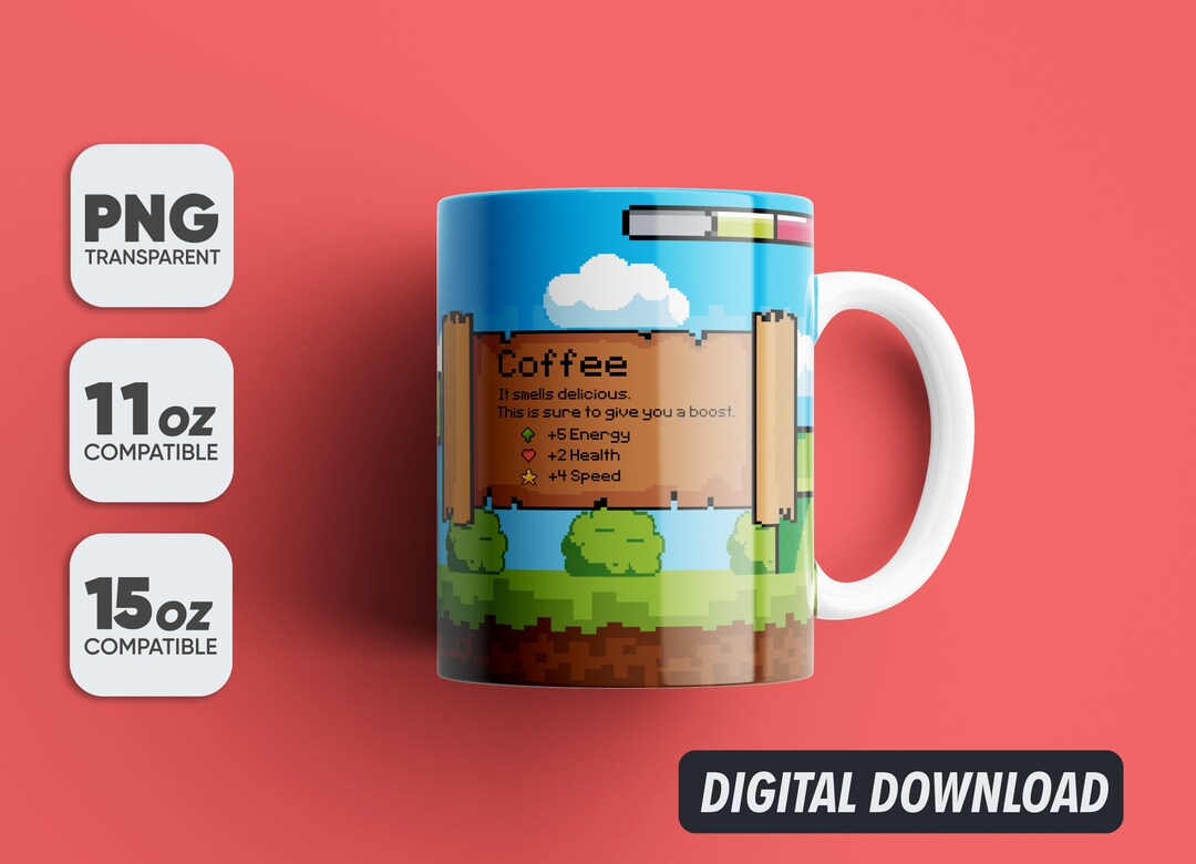 Coffee Pixel Mug Energy,health,speed Png, Mug Sublimation Designs, 11oz ...