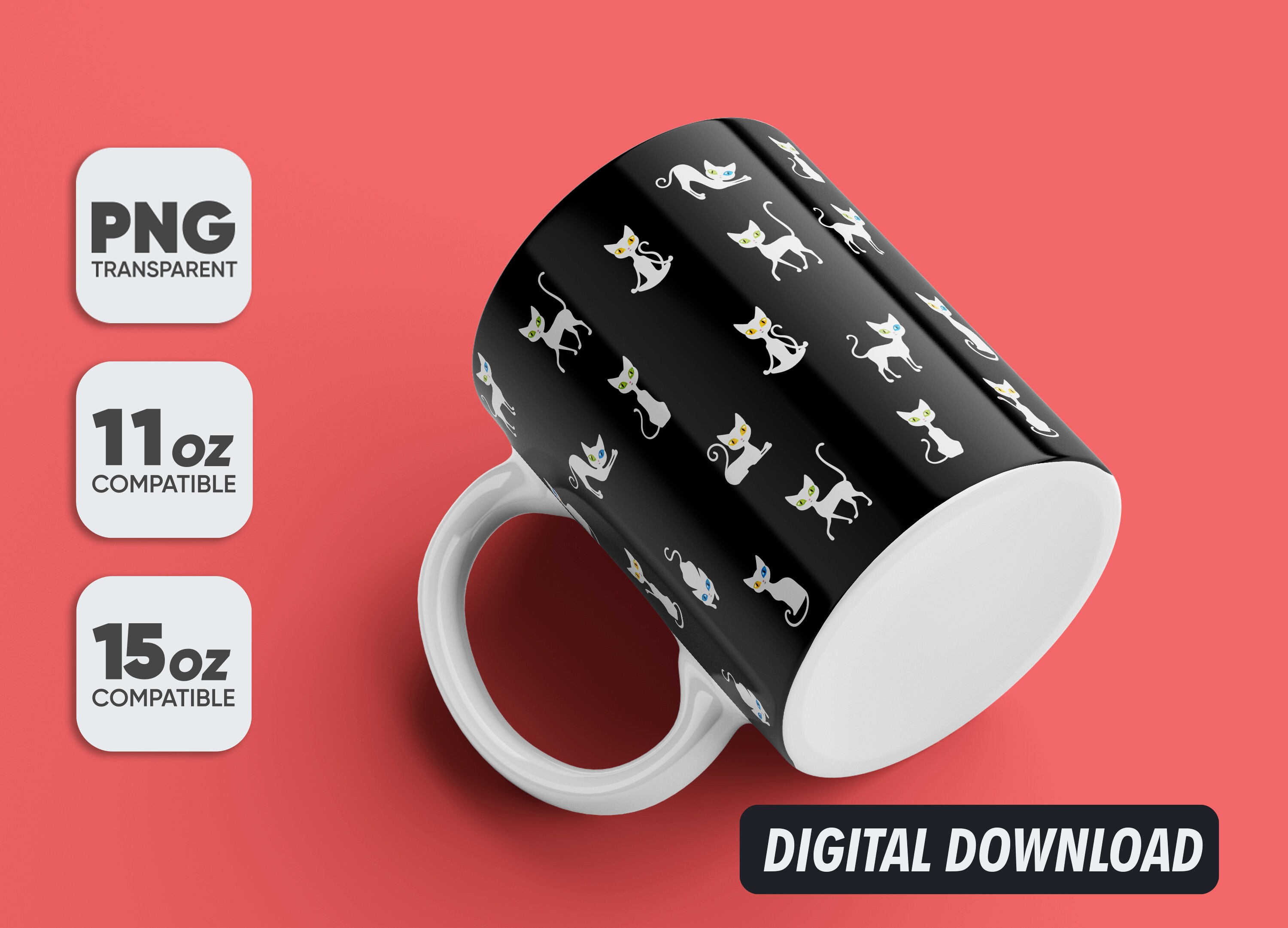 Black White Cats Mug Png, Mug Sublimation Designs, 11oz & 15oz ...