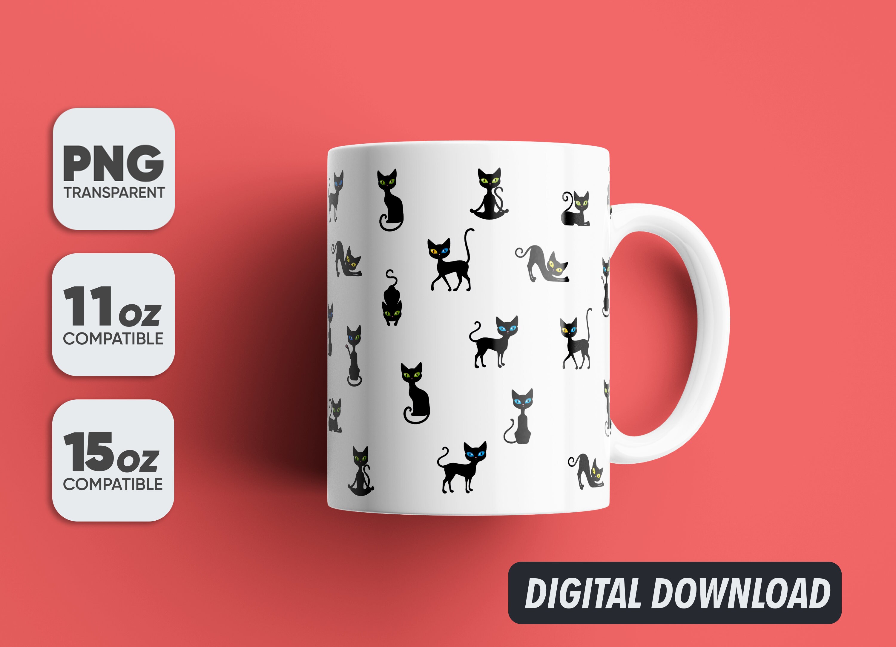 Black White Cats Mug Png, Mug Sublimation Designs, 11oz & 15oz ...