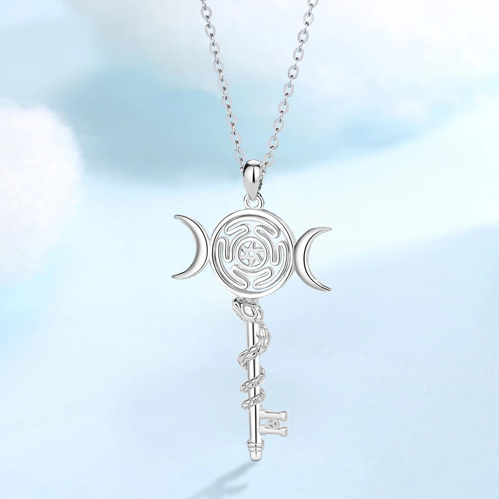 Sterling Silver Snake Key Triple Moon Goddess Pendant - Hekate Wheel ...