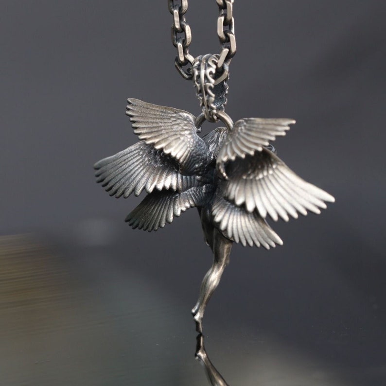 Vintage Seraphim Pendant, Hand Carved Silver Color Angel Wing, White ...
