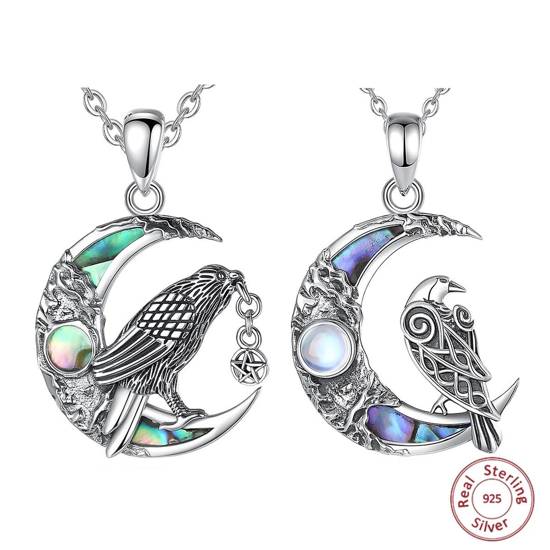 Sterling Silver Raven Moon Pendant: Viking Crow Amulet With Abalone ...