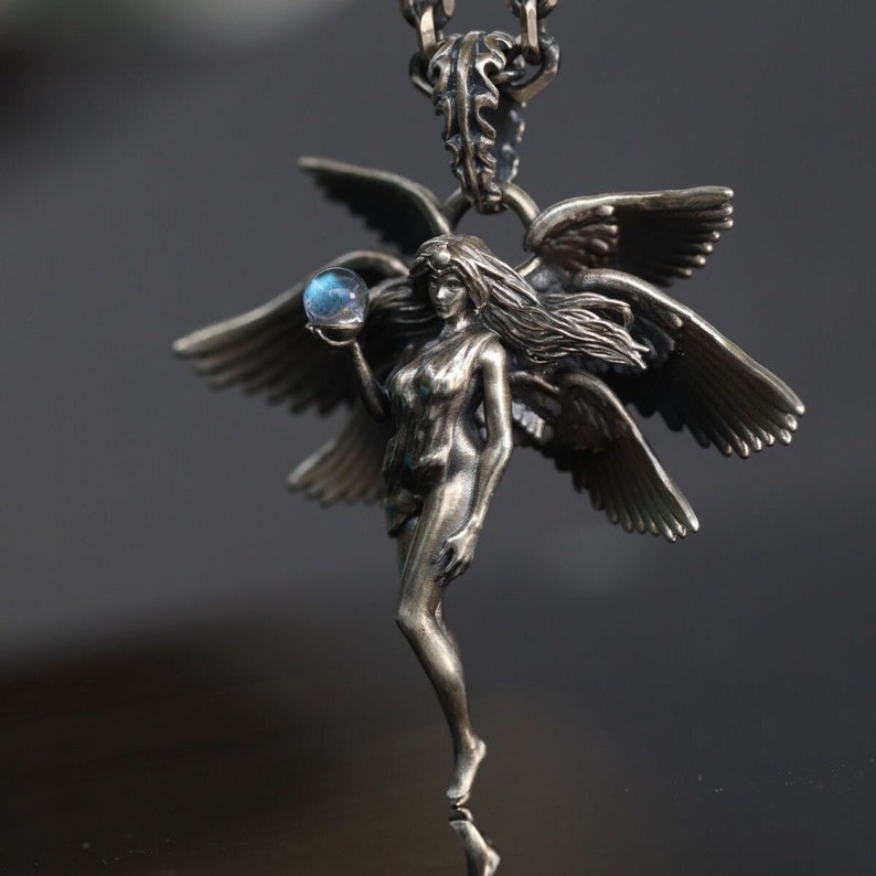 Vintage Seraphim Pendant, Hand Carved Silver Color Angel Wing, White ...