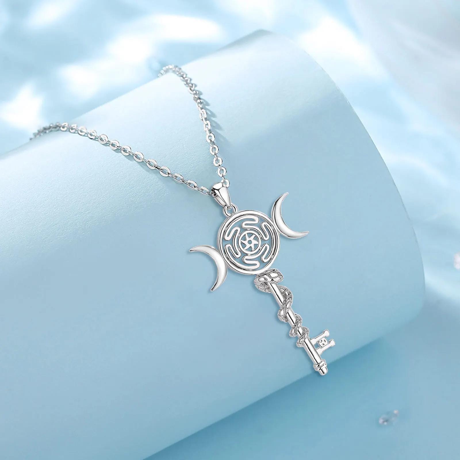 Sterling Silver Snake Key Triple Moon Goddess Pendant - Hekate Wheel ...