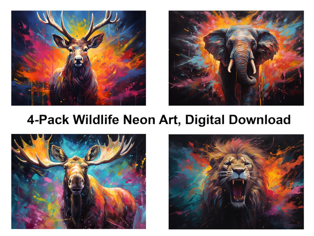 Neon Wildlife Art Prints: Lion, Elephant, Deer, Moose (digital Download ...