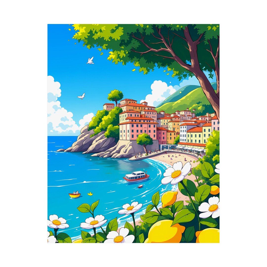 Satin Poster, Anime Amalfi Coast Illustration, Colorful Houses ...