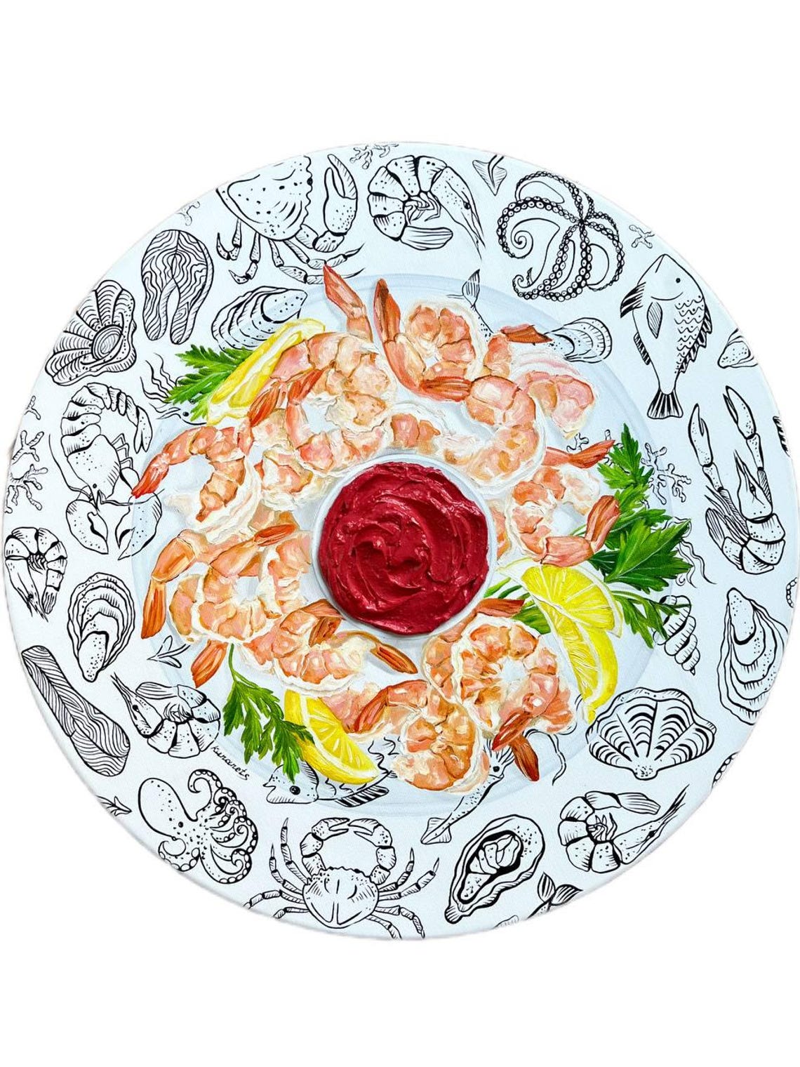 Roasted Shrimp Cocktail Painting Black and White Plate Original ...