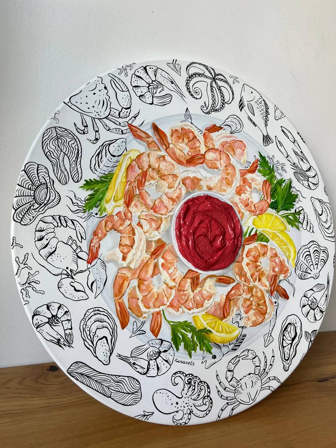 Roasted Shrimp Cocktail Painting Black and White Plate Original ...