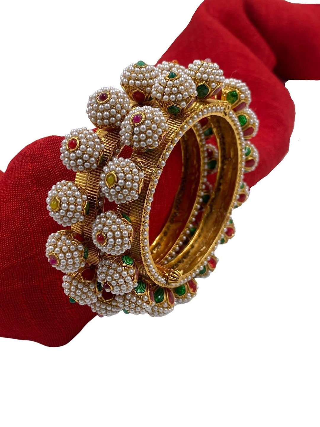 Traditional Gold Plated Openable Jadau Pearls Gokhru Pacheli Bangle Set ...