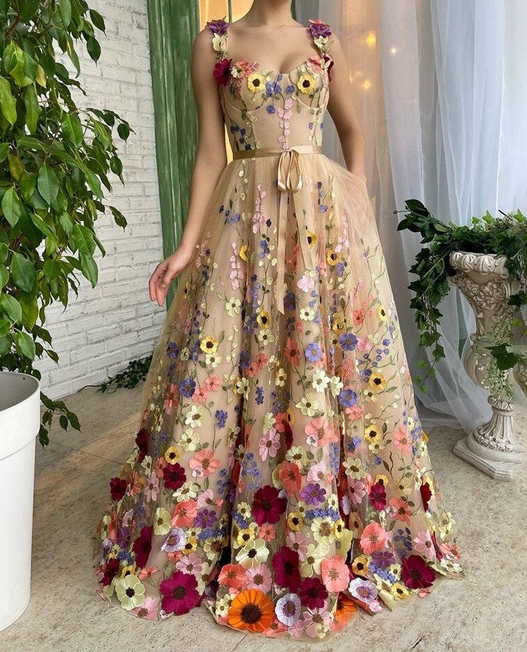 Floral Maxi Dress With 3d Flower Straps Embroidered Prom Etsy