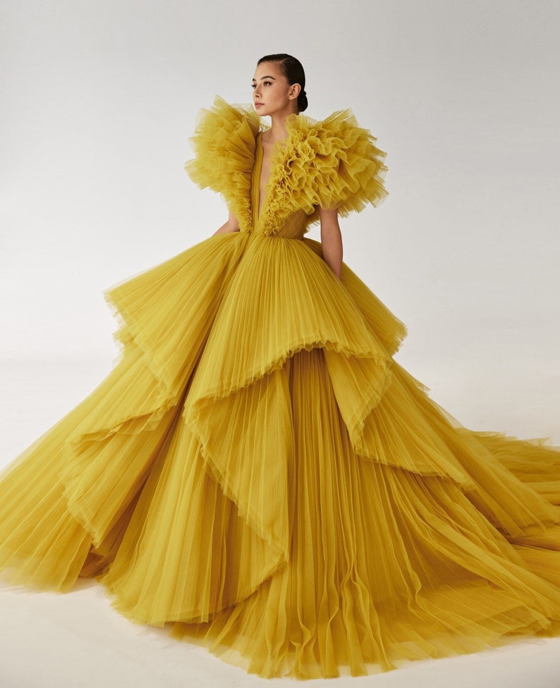 Yellow Pleated Tulle Dress Photoshoot Dress For Plus Size Etsy