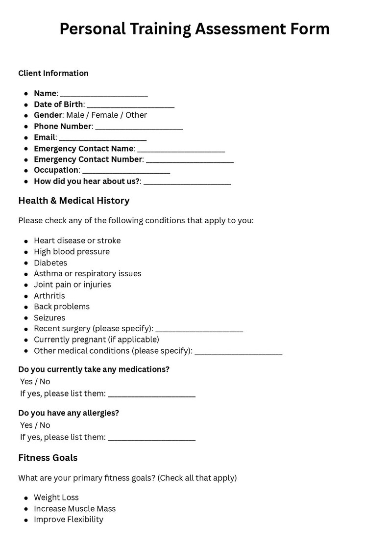 Personal Training Assessment Form - Etsy