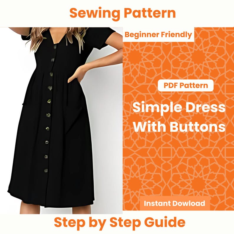 Simple Dress With Buttons Sewing Pattern PDF – DIY Women's Button Dress ...