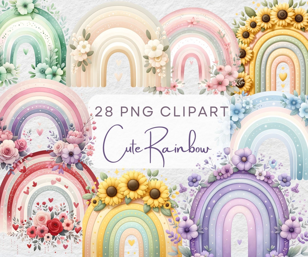 28 PNG Floral Rainbow Clipart Design, Cute Rainbow Bundle Sublimation ...