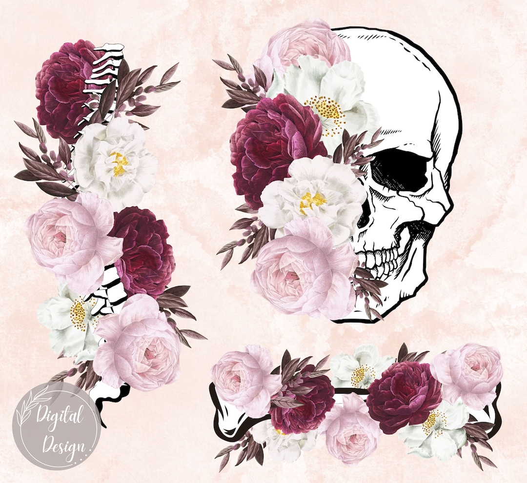 Set Bundle Skeleton Flowers Png,flowers Skull Sublimation Design ...