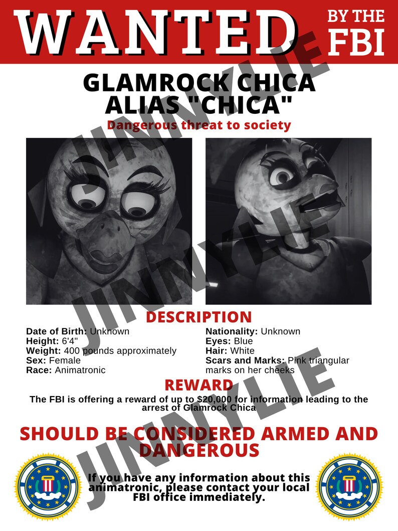 Fnaf Fbi Wanted Poster Chica Security Breach Security Etsy