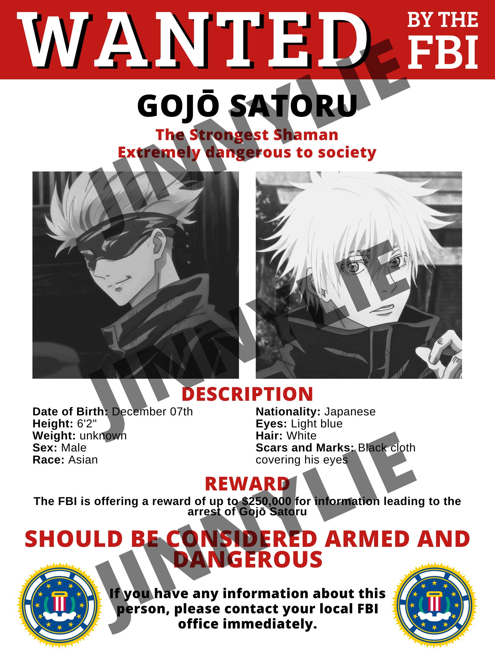 JUJUTSU KAISEN FBI Wanted Poster, Anime, Ryomen Sukuna, Goyo Satoru ...