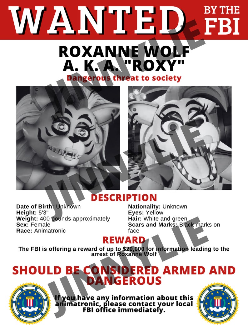 FNAF FBI Wanted Poster Roxy, Security Breach, Security Breech, FNAF ...