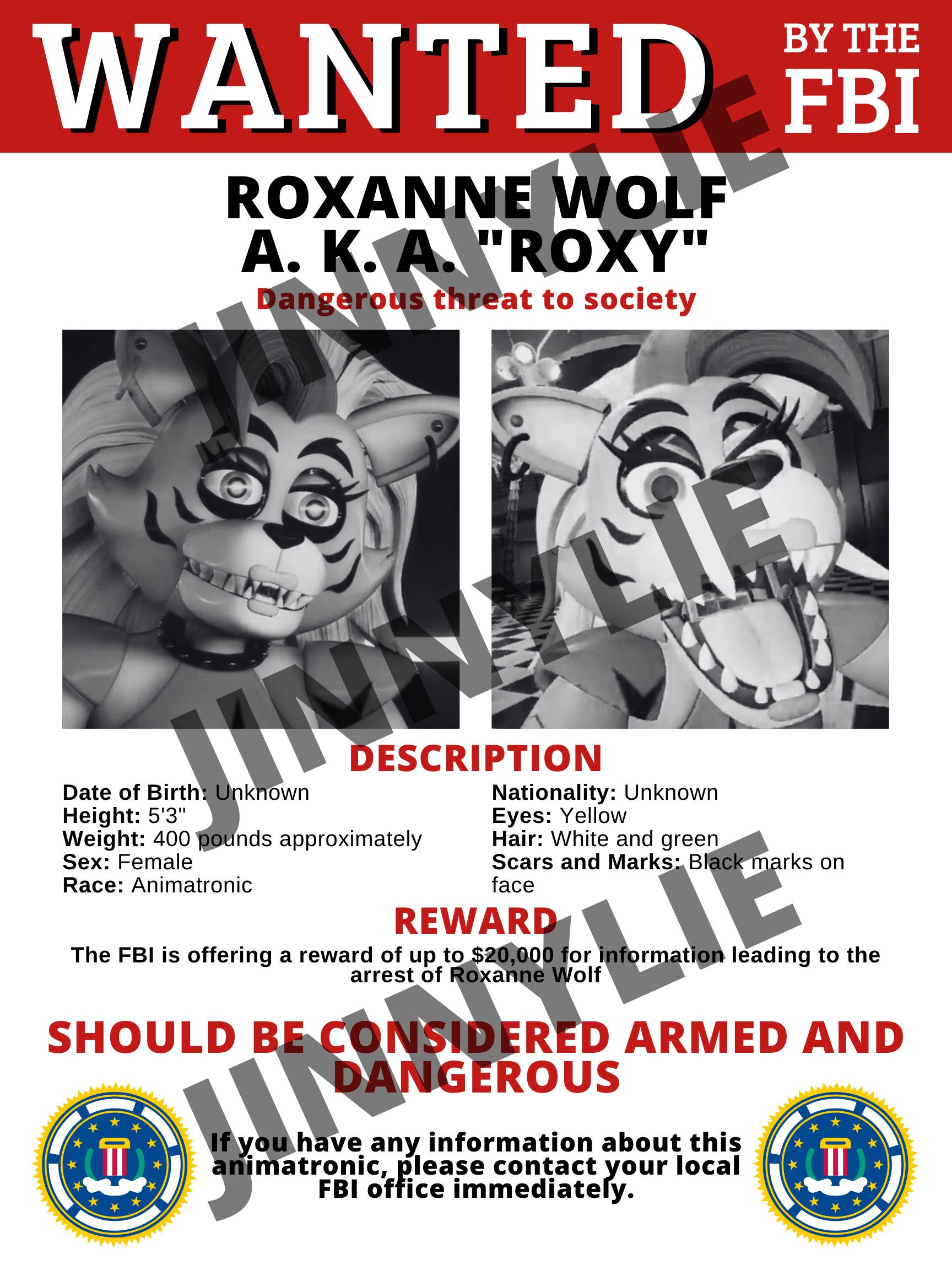 FNAF FBI Wanted Poster Roxy, Security Breach, Security Breech, FNAF ...