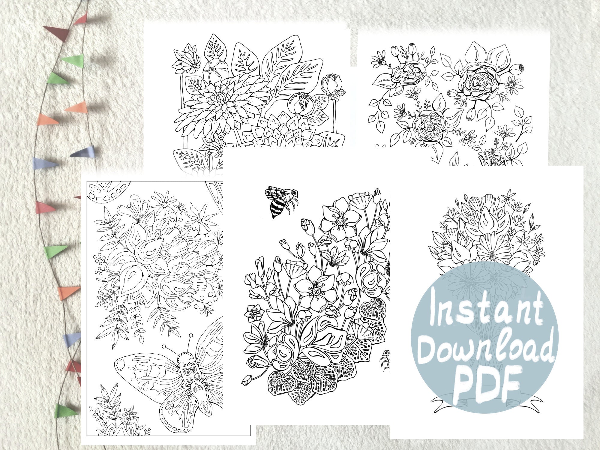 Coloring pages botanical set of 5 instant download digital | Etsy