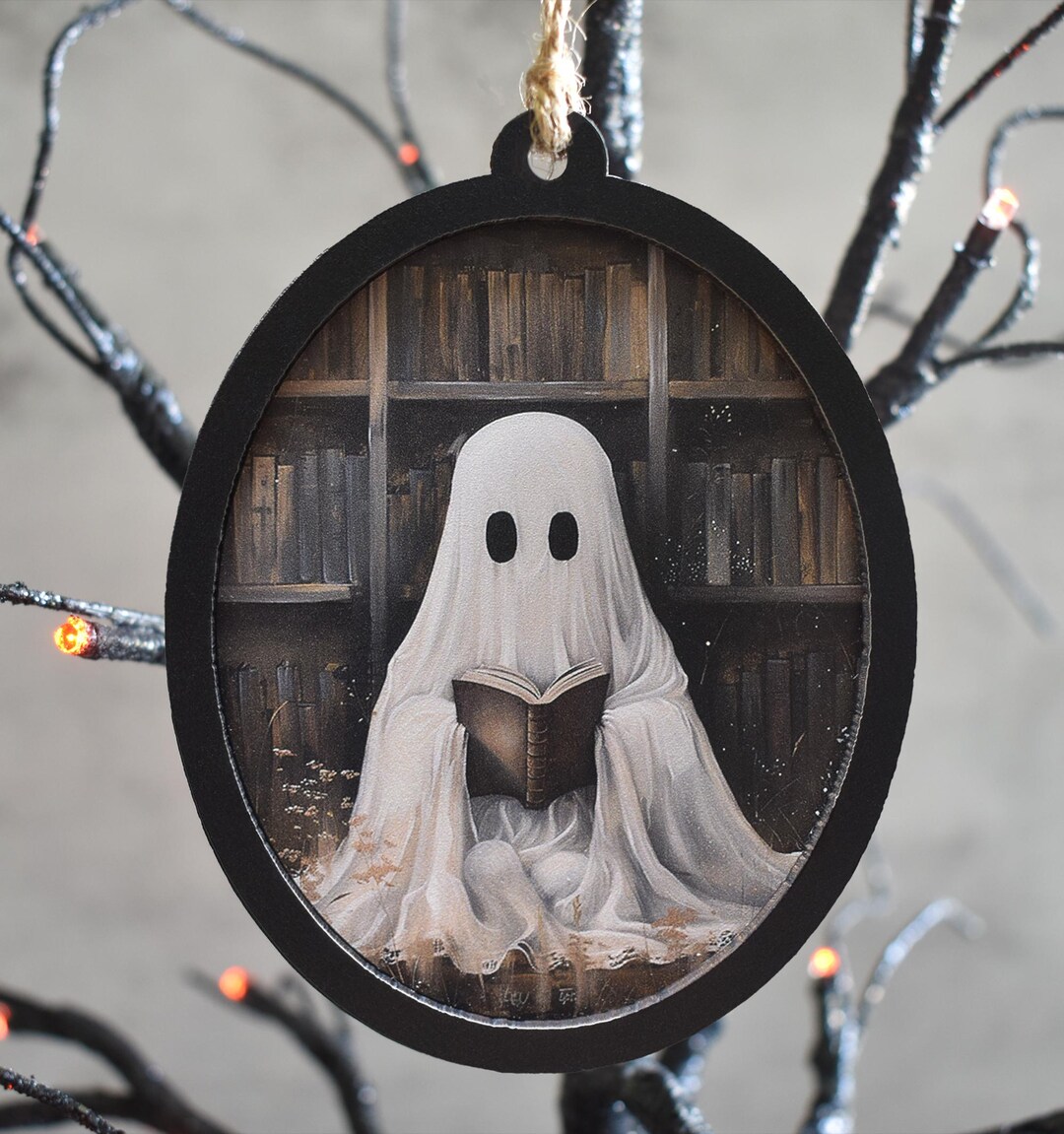 Spooky Ghost Reading a Book Halloween Ornament, 3D Wood Goth Christmas ...