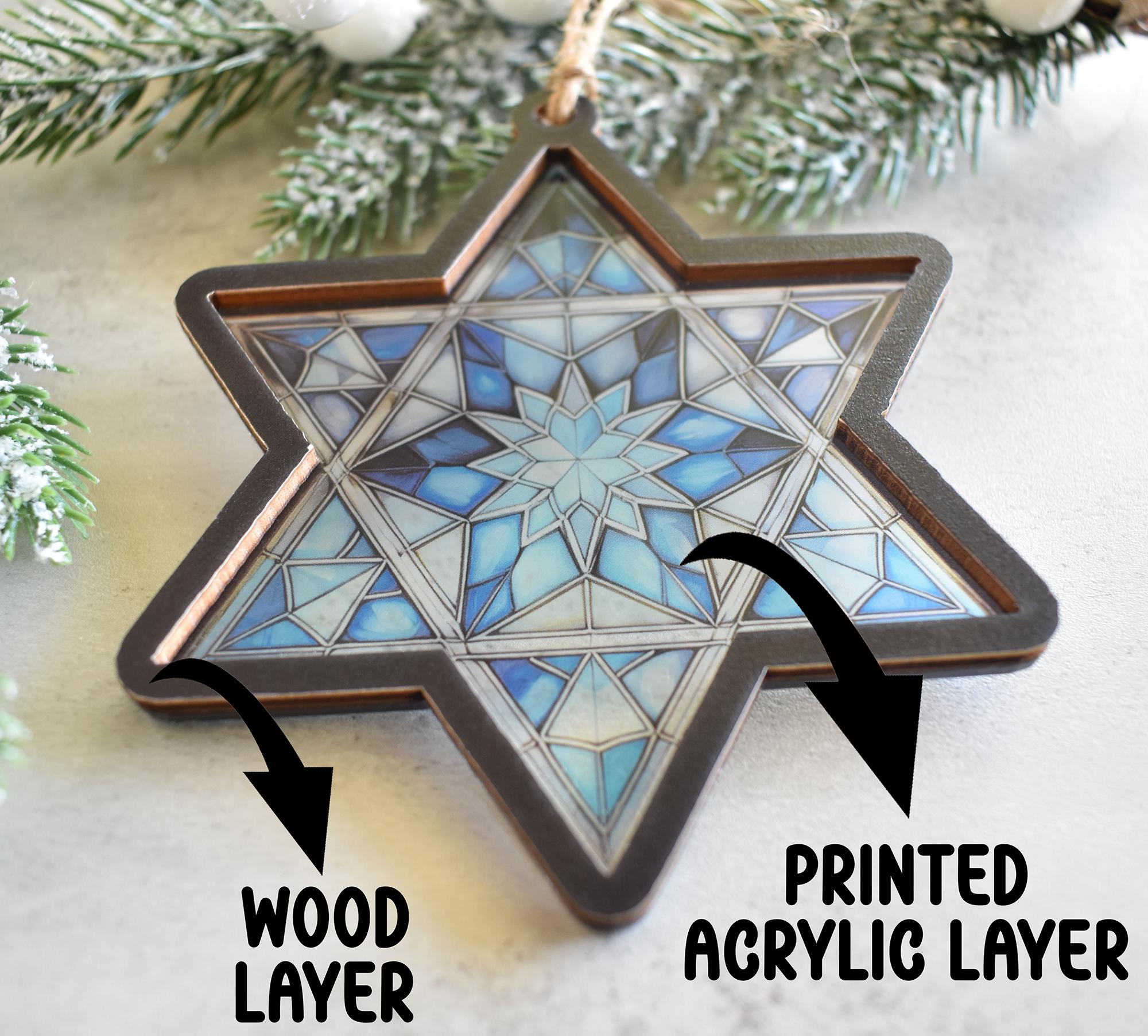 Beautiful Star of David Hanukkah Ornament, Faux Stained Glass 3D Wood ...