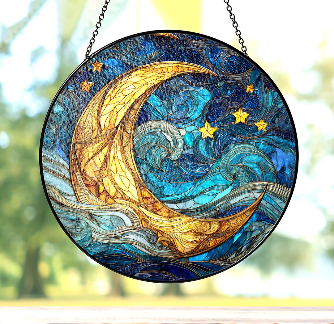 Mystical Crescent Moon Glass Suncatcher, Blue & Gold Celestial Window ...