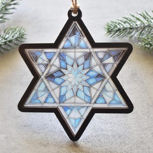 Beautiful Star of David Hanukkah Ornament, Faux Stained Glass 3D Wood ...