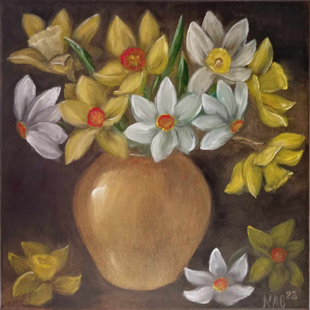 Daffodils in a Golden Vase Still Life Original and Unique Oil Painting ...