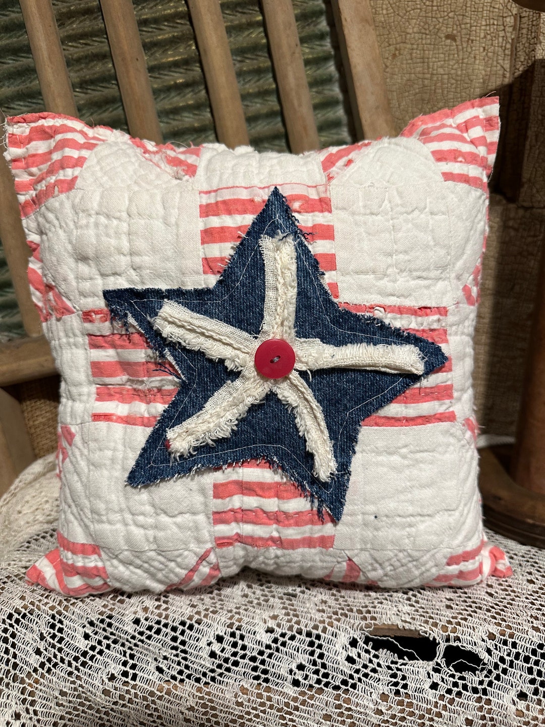 Vintage Patriotic Red White & Blue Pillow, Quilt Block, Distressed ...
