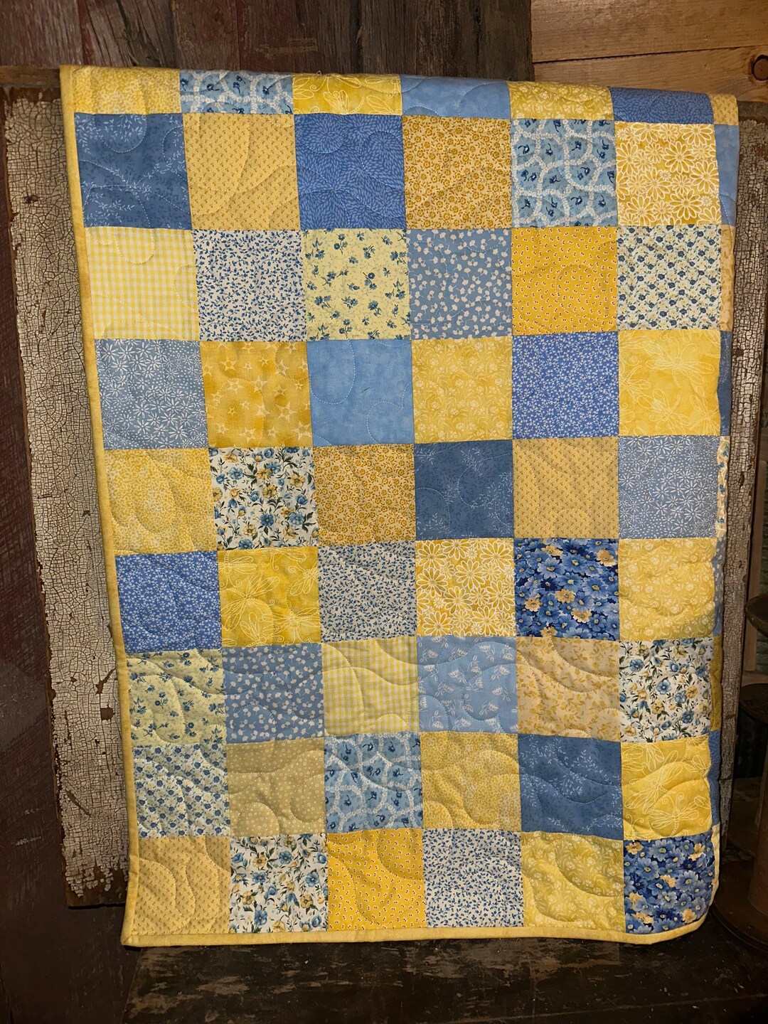 Handmade Blue Yellow Quilt, Baby Toddler Patchwork Quilt, Baby Shower ...