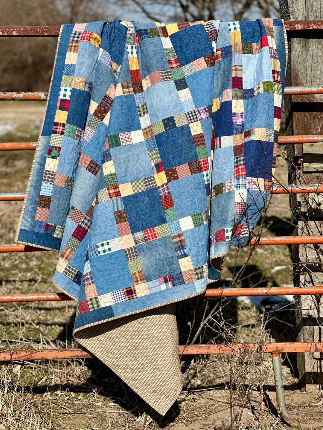 Handmade Farmhouse Upcycled Denim Patchwork Quilt Country Rustic Decor ...