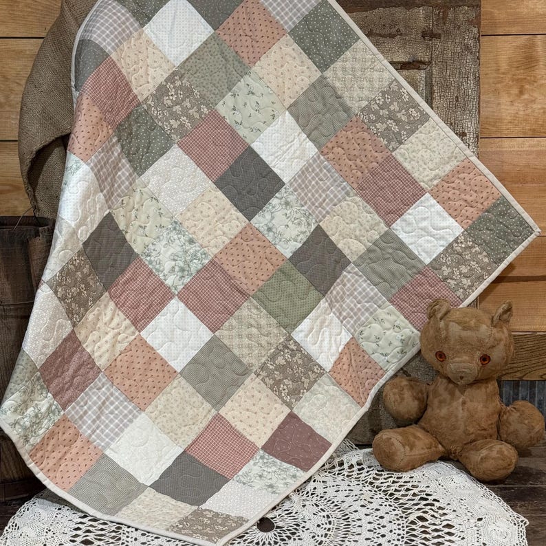 Baby Quilt: Mauve, Sage, Cream Cotton Floral Gingham Farmhouse Decor ...