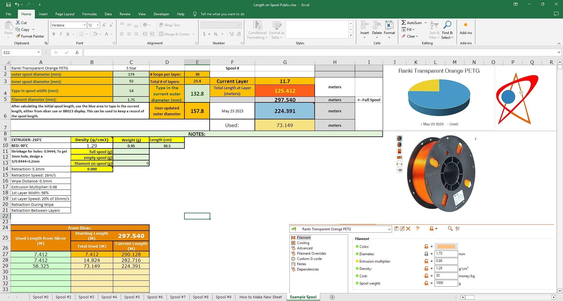 Filament Spool Tracker Counter Excel Spreadsheet - How Much is Left on ...