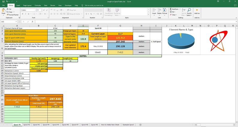 Filament Spool Tracker Counter Excel Spreadsheet - How Much is Left on ...
