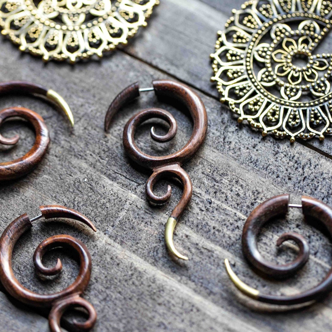 Golden Tail Fake Expander Earrings – Hand Carved Wood Spiral Design ...